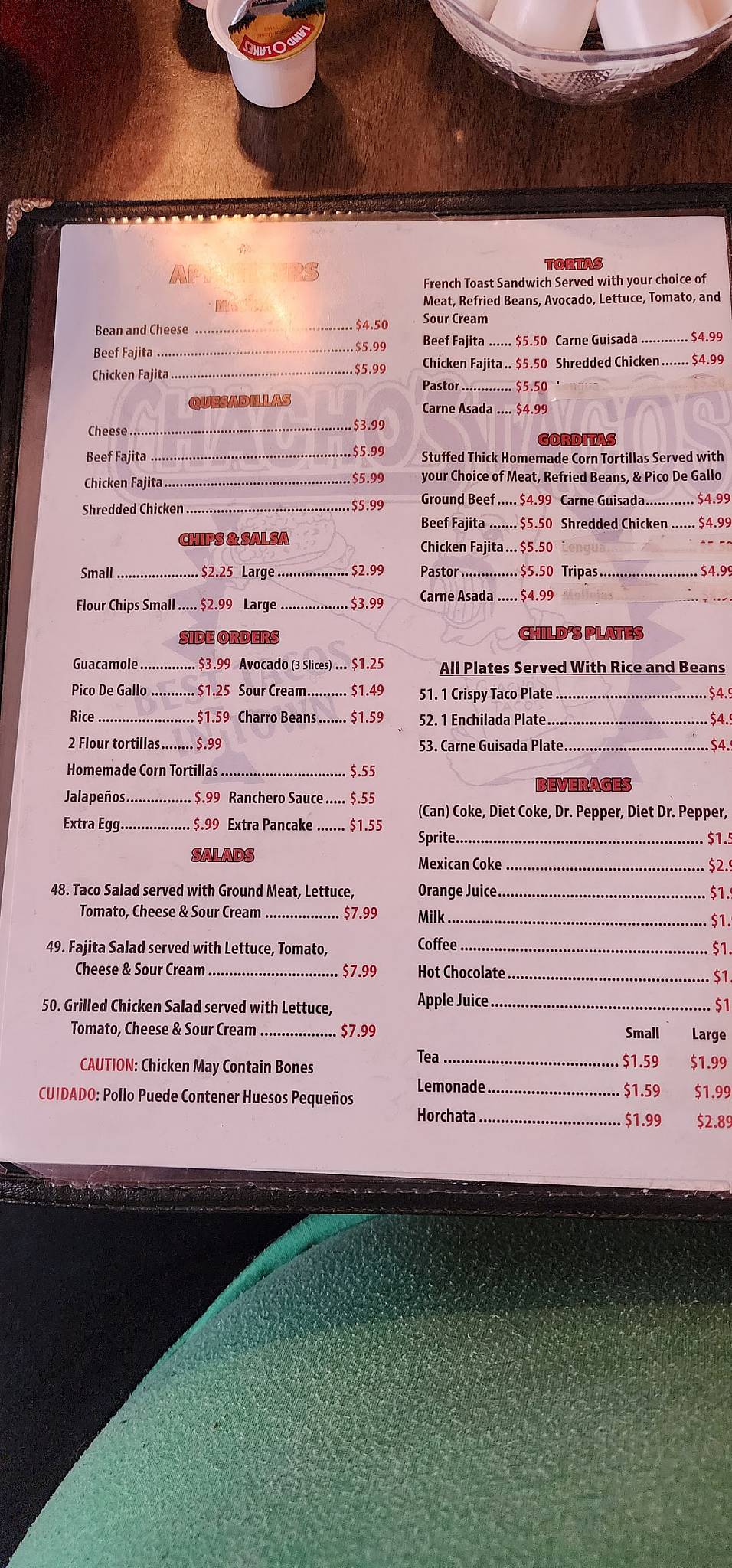 Menu at Chacho's Tacos restaurant, Corpus Christi, Ayers St