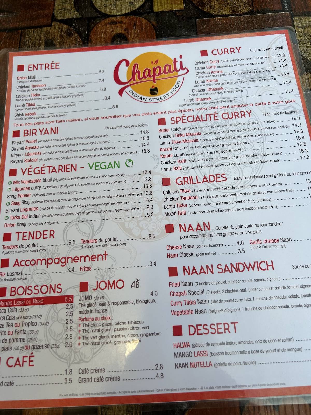 Menu au Chapati Indian Street Food restaurant, Saint-Malo