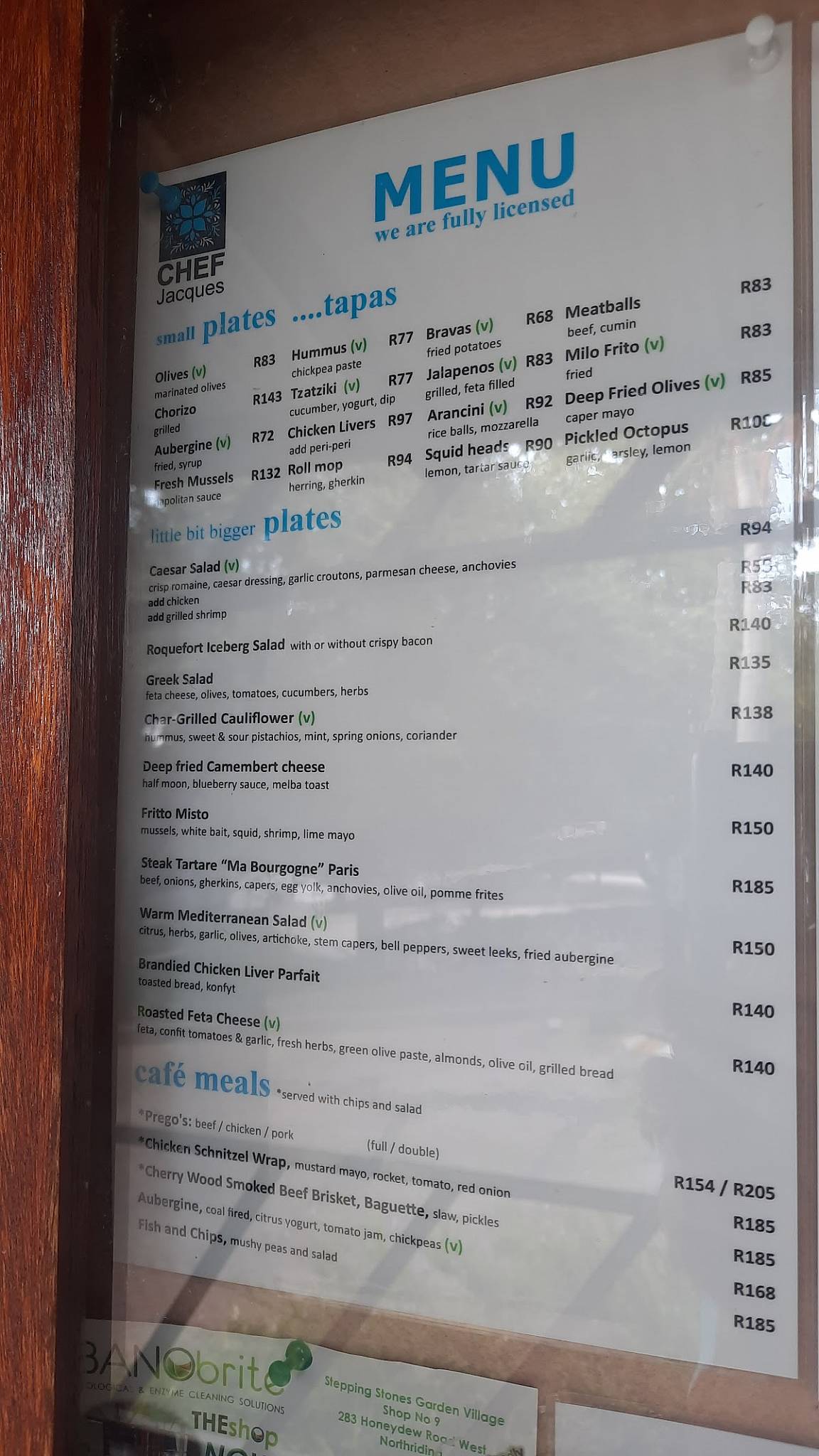 Menu at Chef Jacques restaurant, Roodepoort