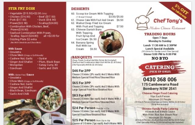 Menu at Chef Tony's Modern Chinese Restaurant, Bomaderry