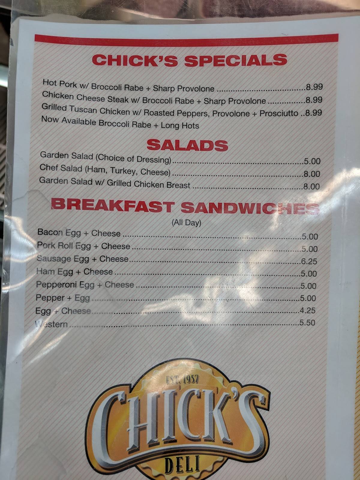 Menu at Chick's Deli restaurant, Cherry Hill