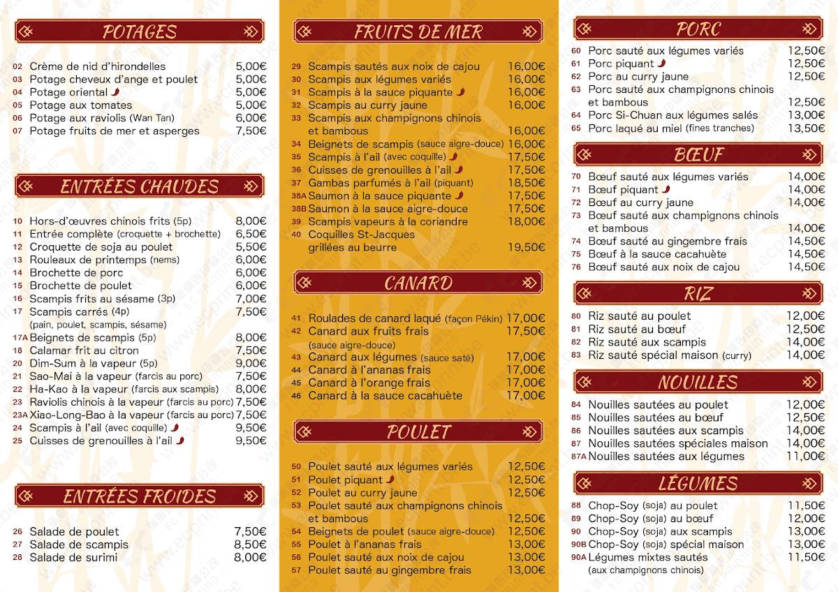 Menu au Restaurant Chinois Chaud, Namur