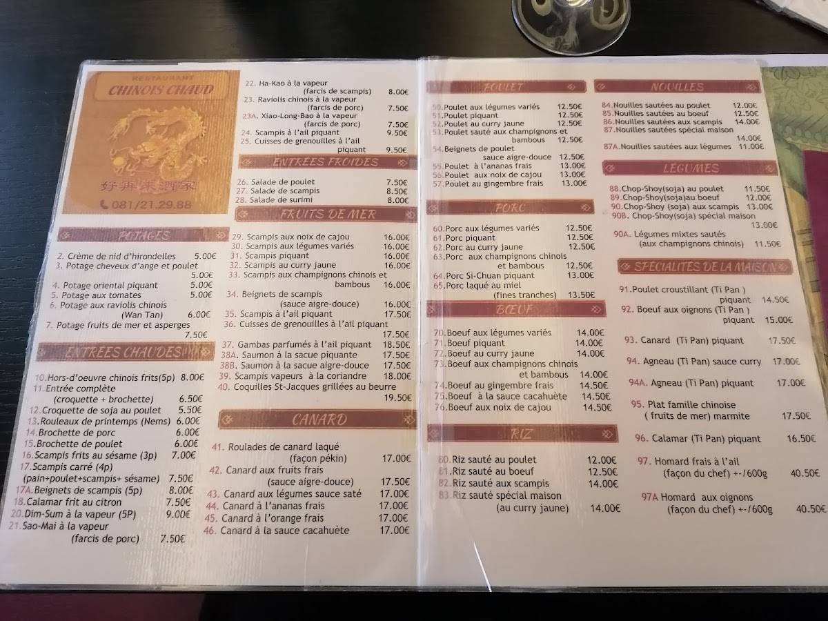 Menu au Restaurant Chinois Chaud, Namur