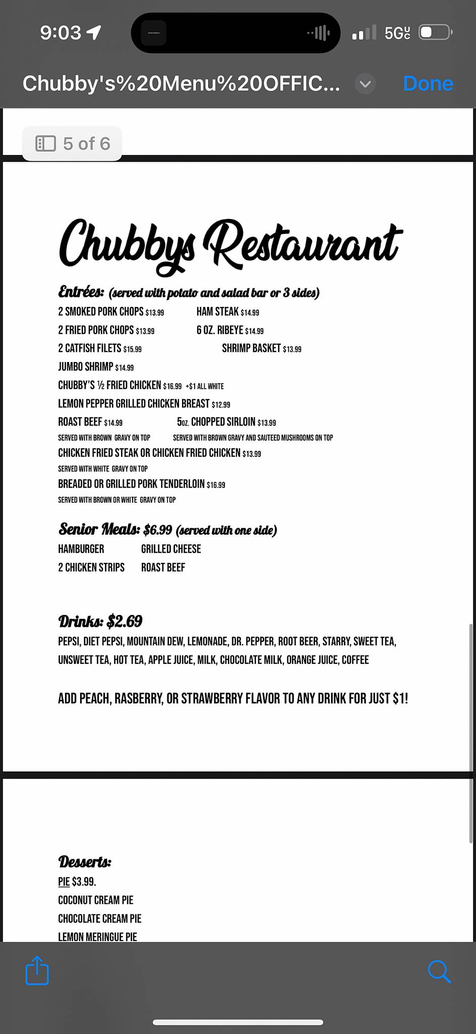 Menu at Chubby's Restaurant, Moscow Mills