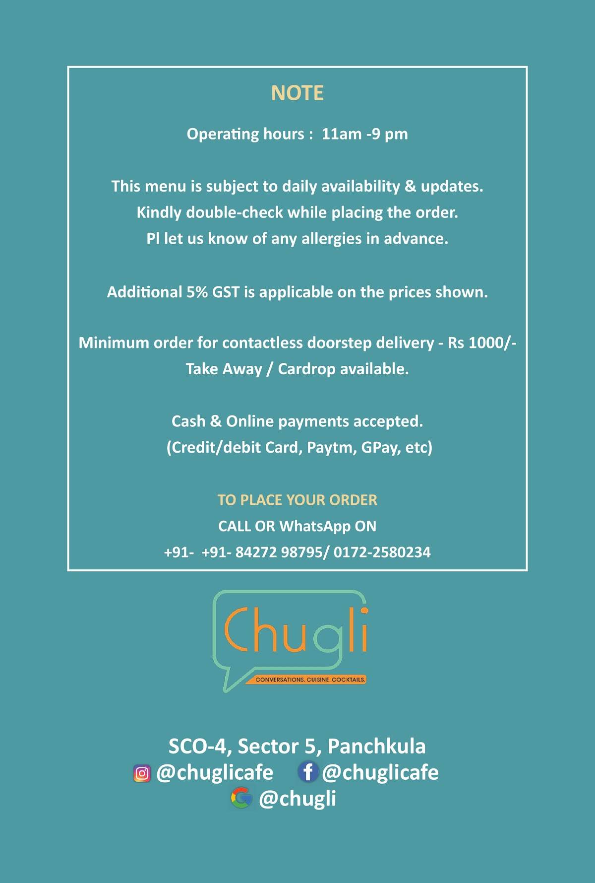 Menu at Chugli, Panchkula