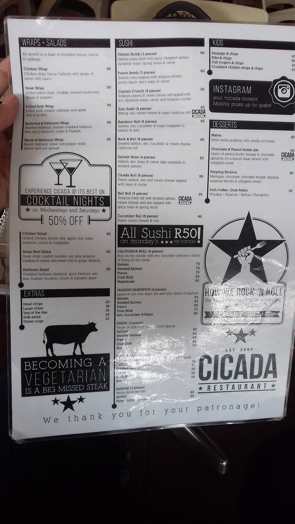 Menu at Cicada restaurant, Nelspruit