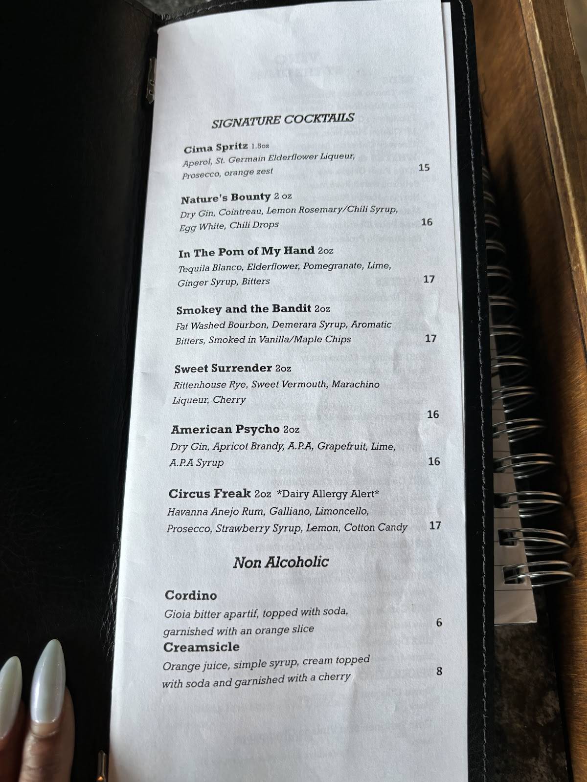 Menu at Cima Enoteca restaurant, Burlington