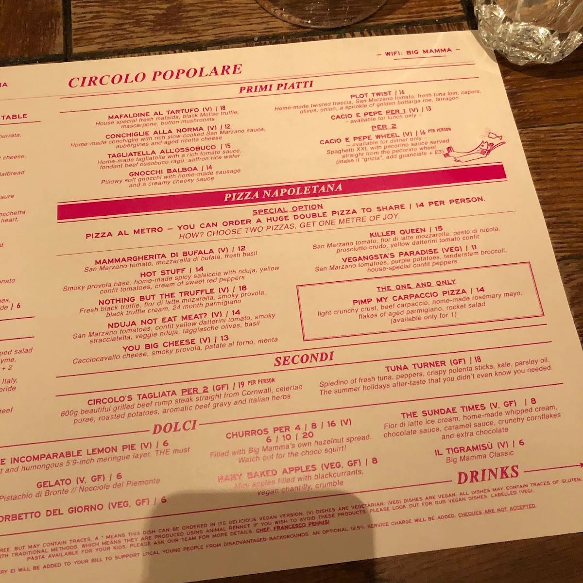 Menu at Circolo Popolare restaurant, London