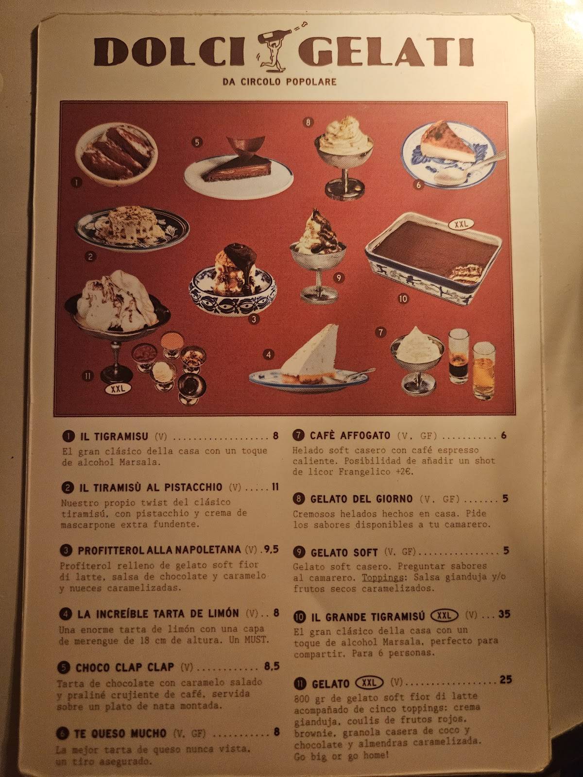 Carta del restaurante Circolo Popolare Madrid, Madrid