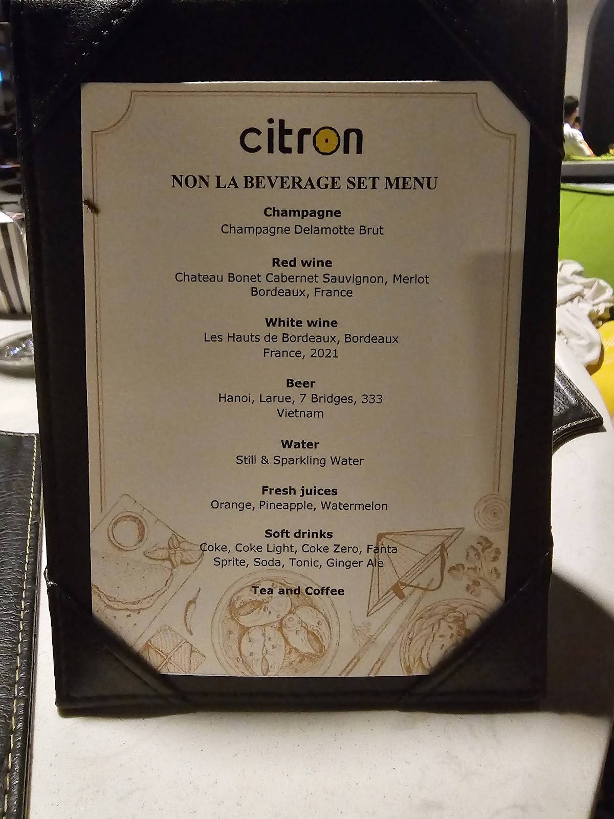 Menu at Citron restaurant, Vietnam