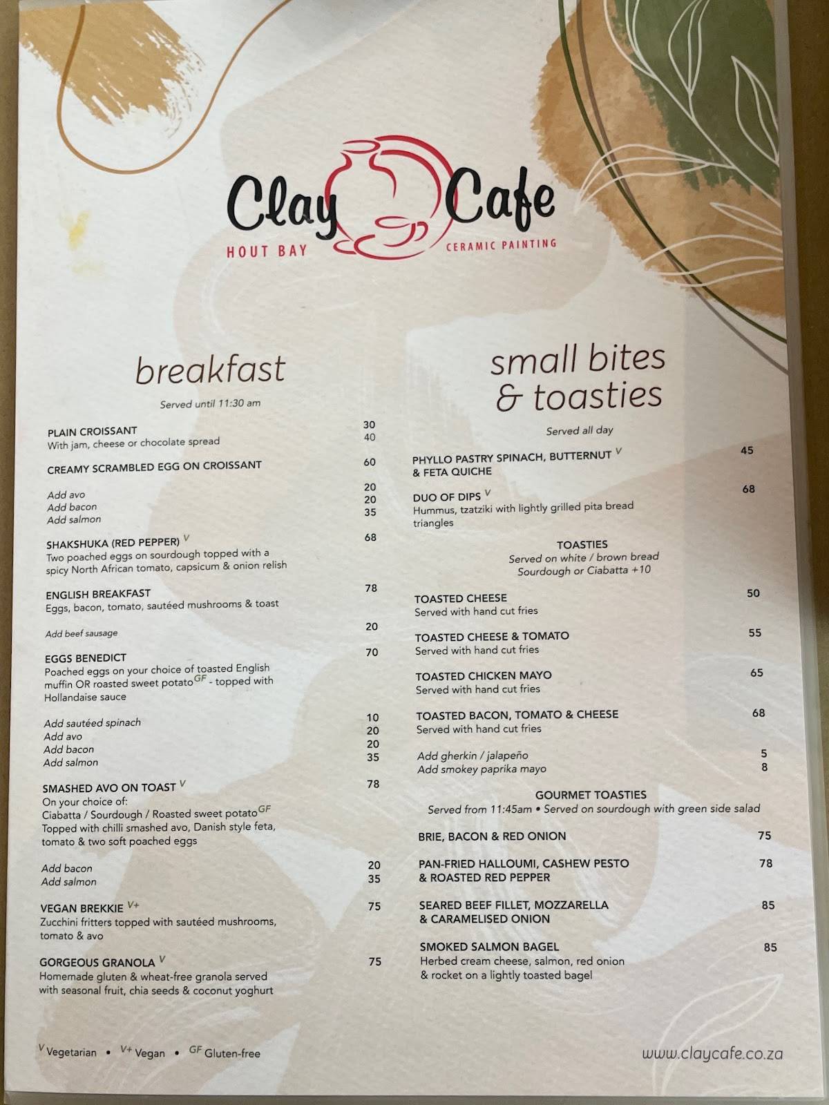 Menu at Clay Café Hout Bay restaurant, Cape Town