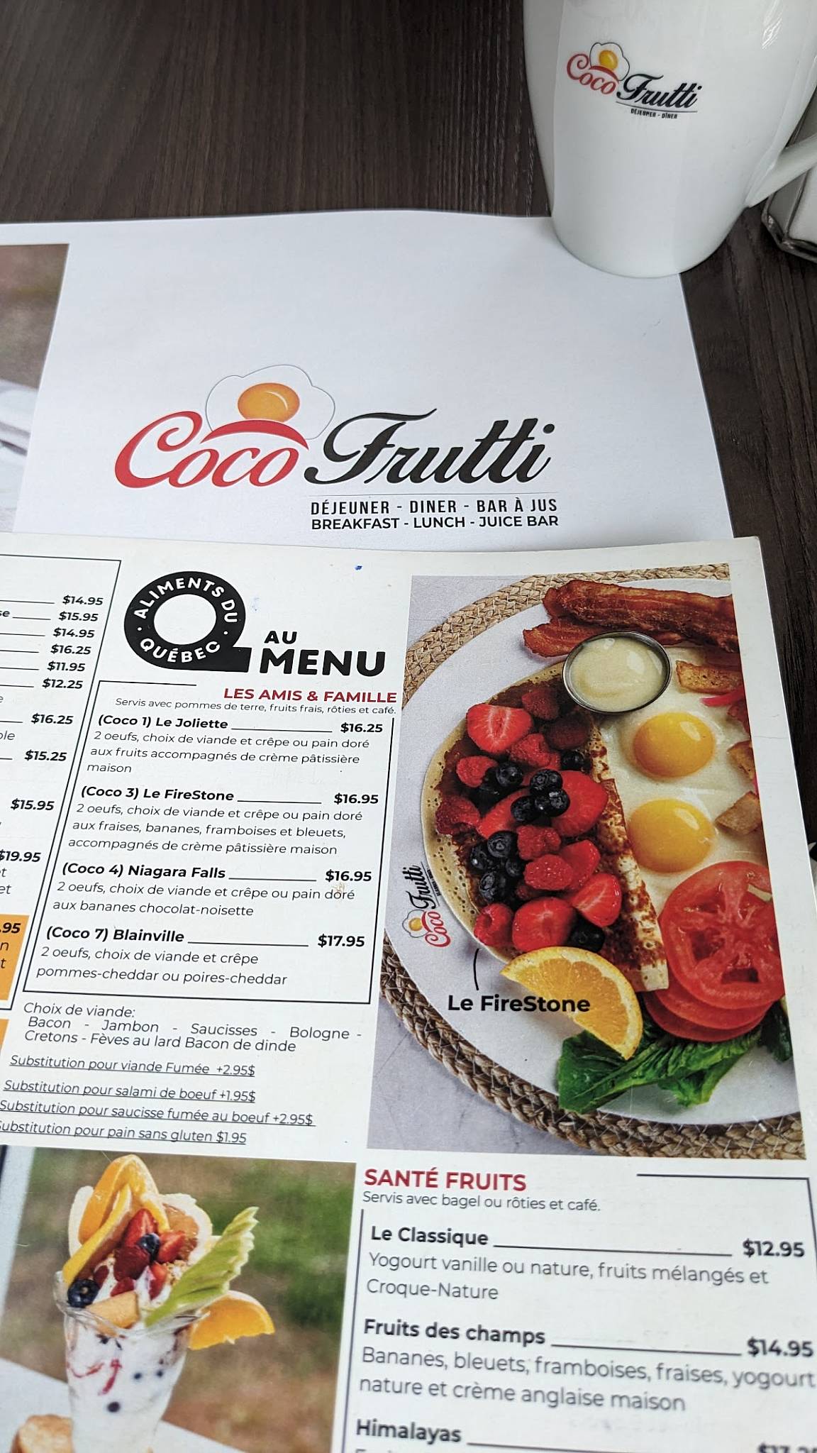 Menu au Coco Frutti restaurant, Laval