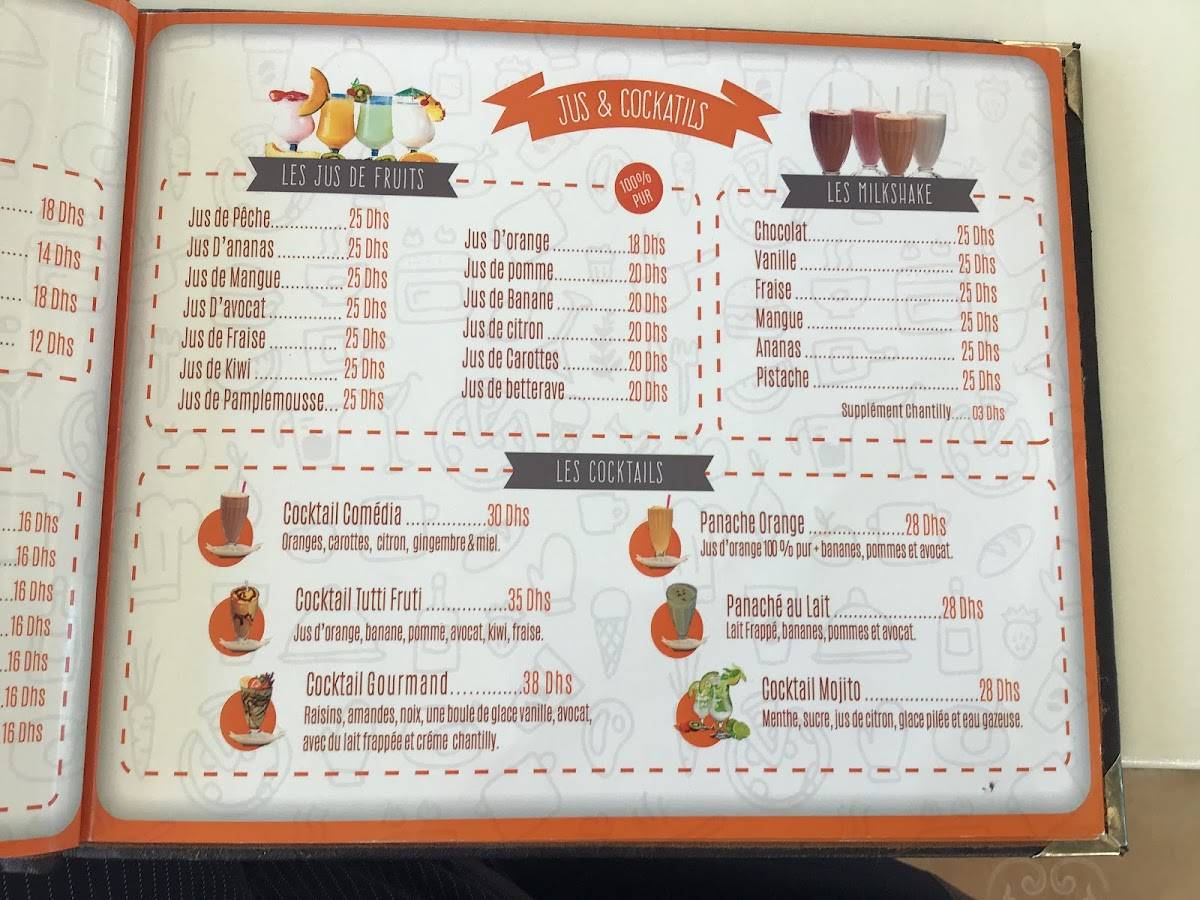 Menu au Comedia restaurant, Tanger