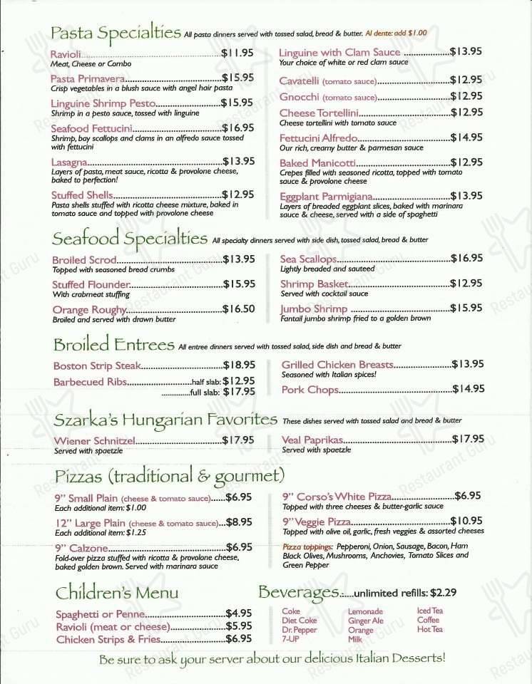 Menu at Corso's Italian Restaurant, North Olmsted