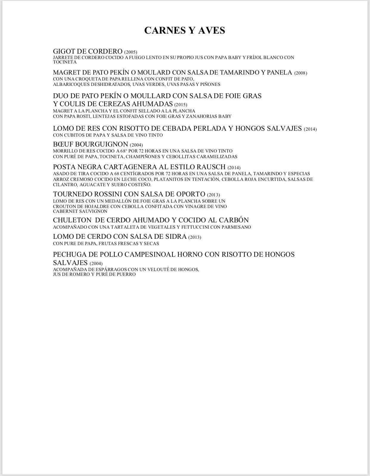 Menu at Criterión restaurant, Bogotá