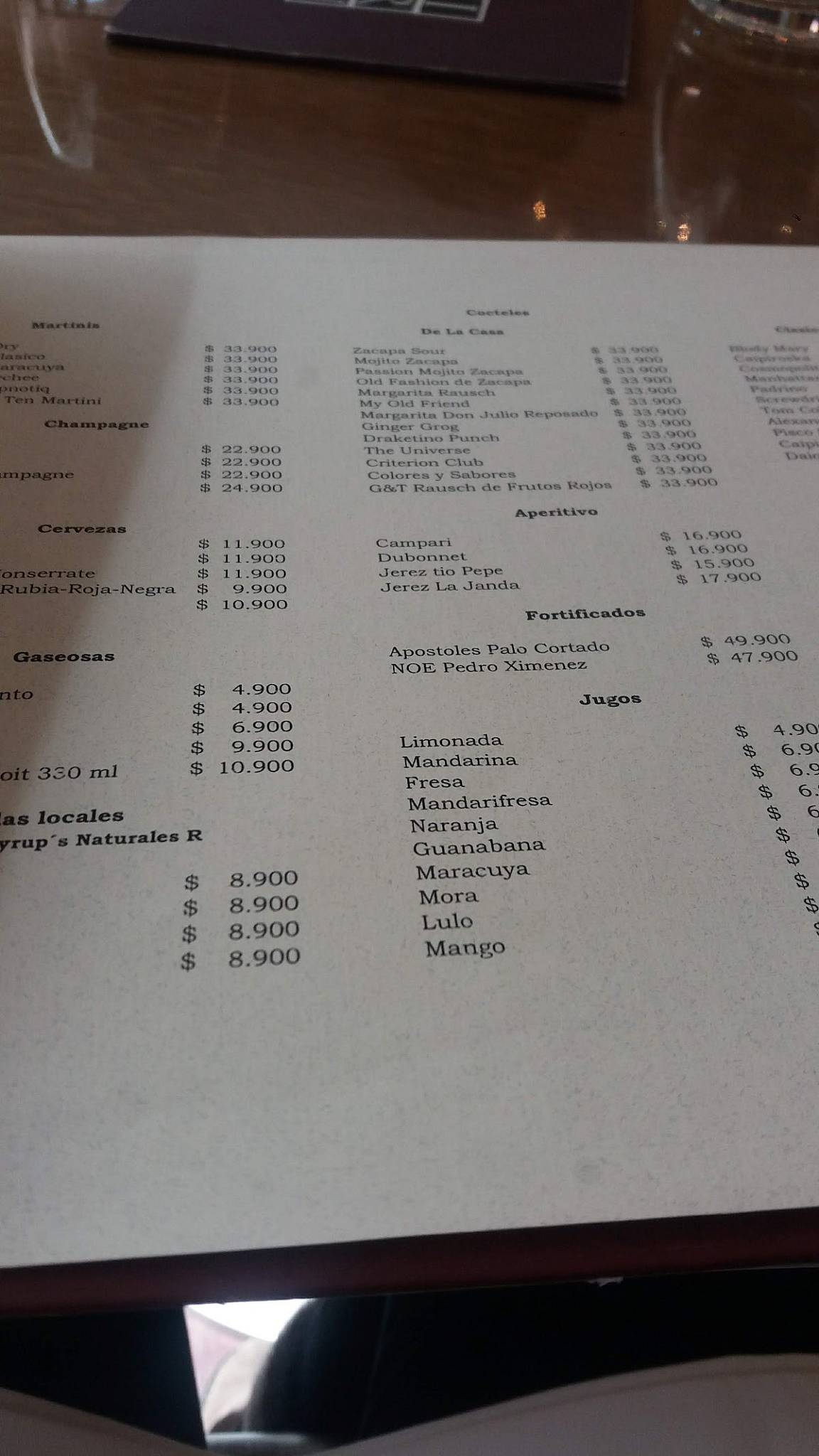 Carta del restaurante Criterión, Bogotá