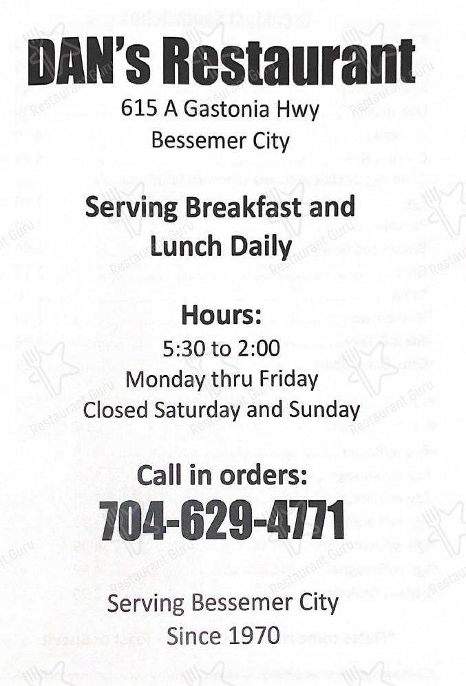 Menu at Dan's restaurant, Bessemer City