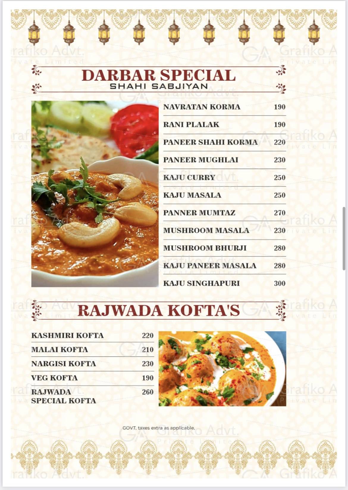 Menu at Darbar veg restaurant, Jabalpur