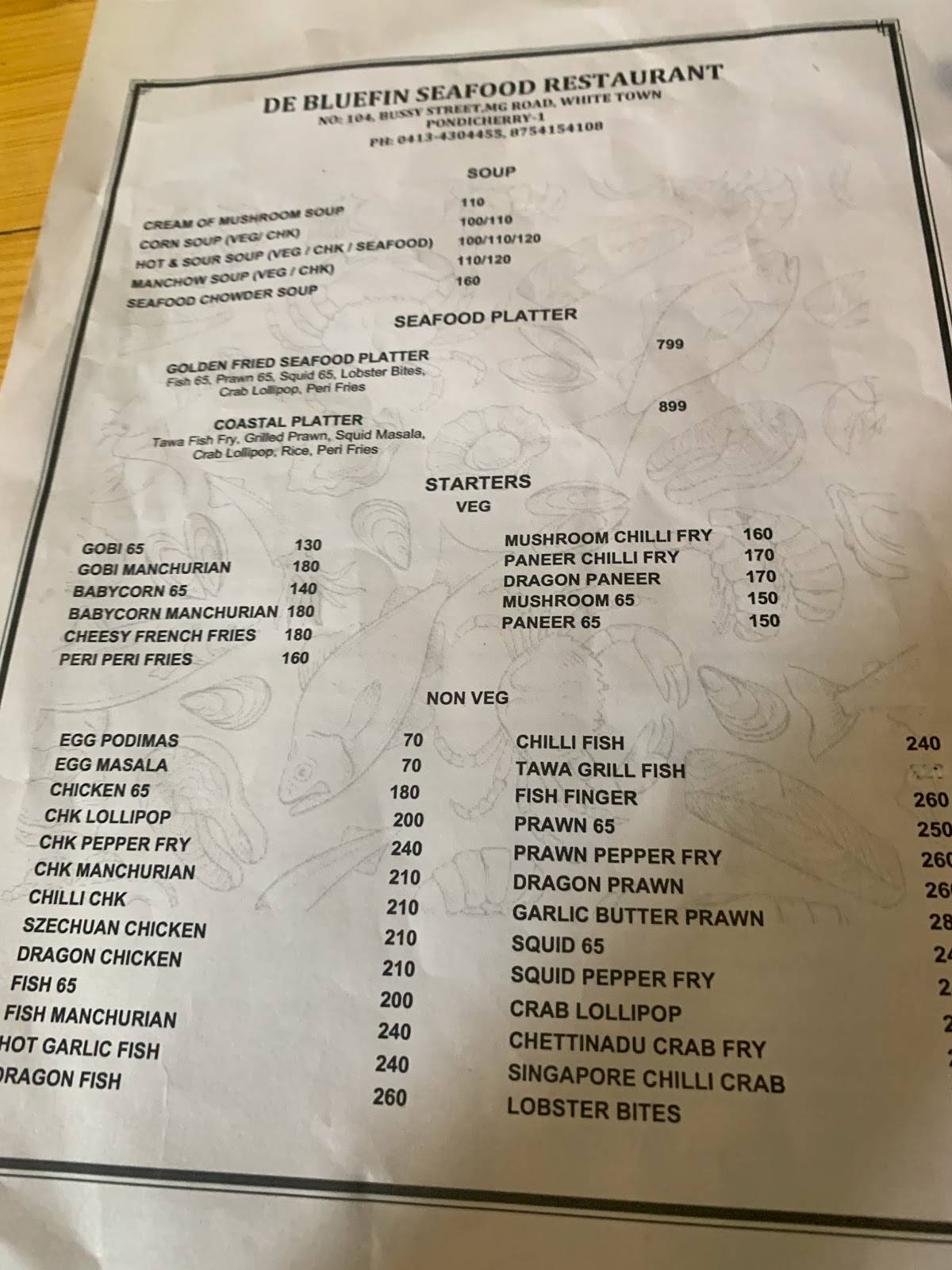 Menu at De Bluefin Seafood Restaurant, Puducherry