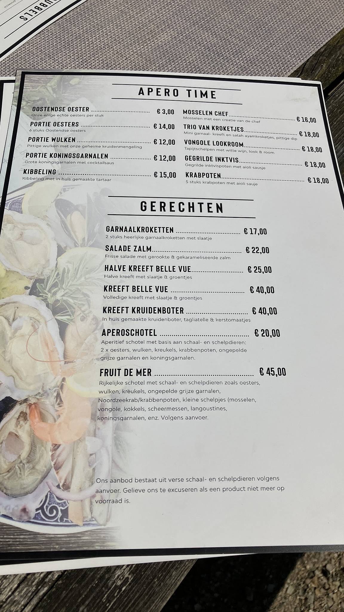 Menu bij De Oesterput restaurant, Oostende