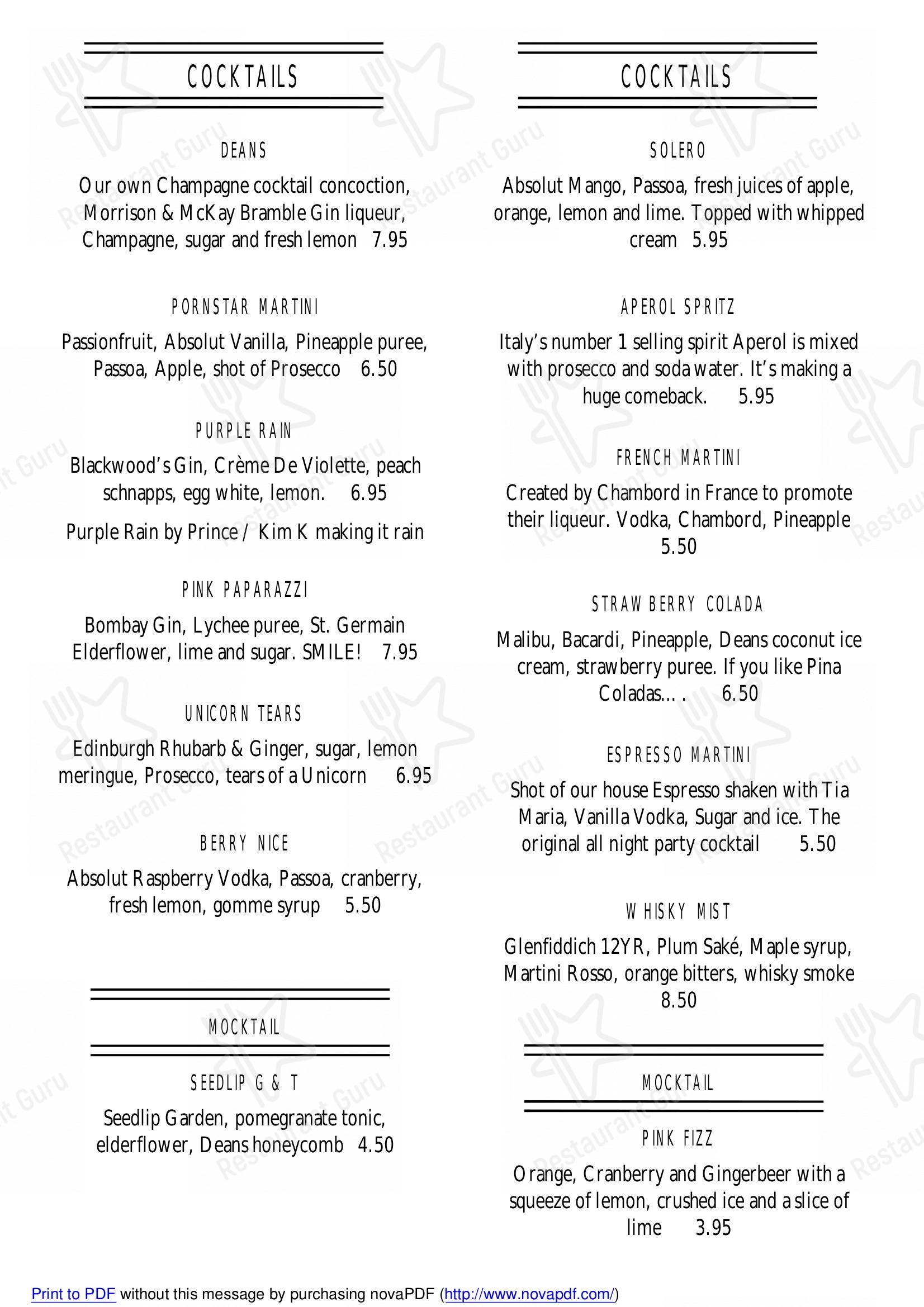 Menu at Deans Restaurant, Perth