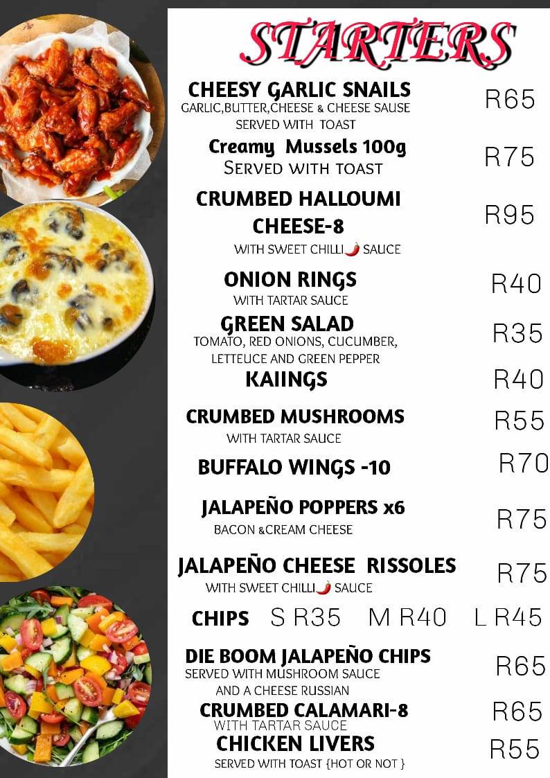 Menu at Die Boom restaurant, Pretoria