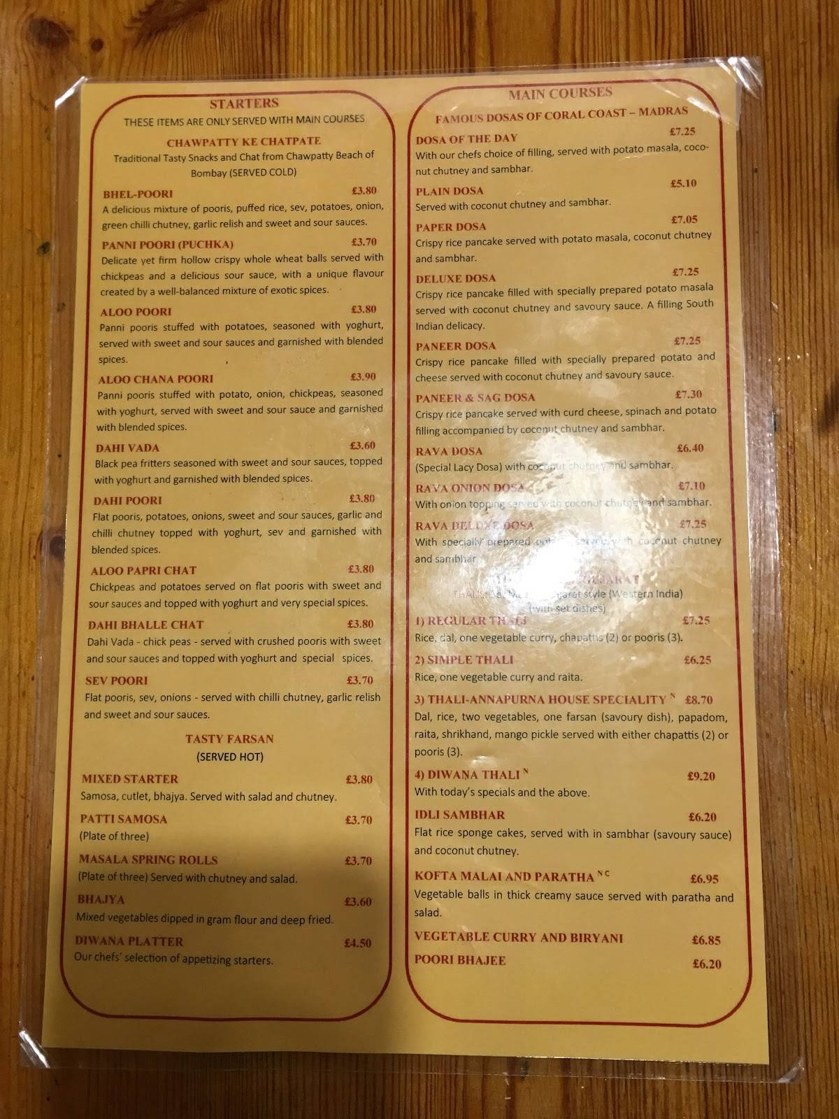 Menu at Diwana Bhel Poori House restaurant, London, 121-