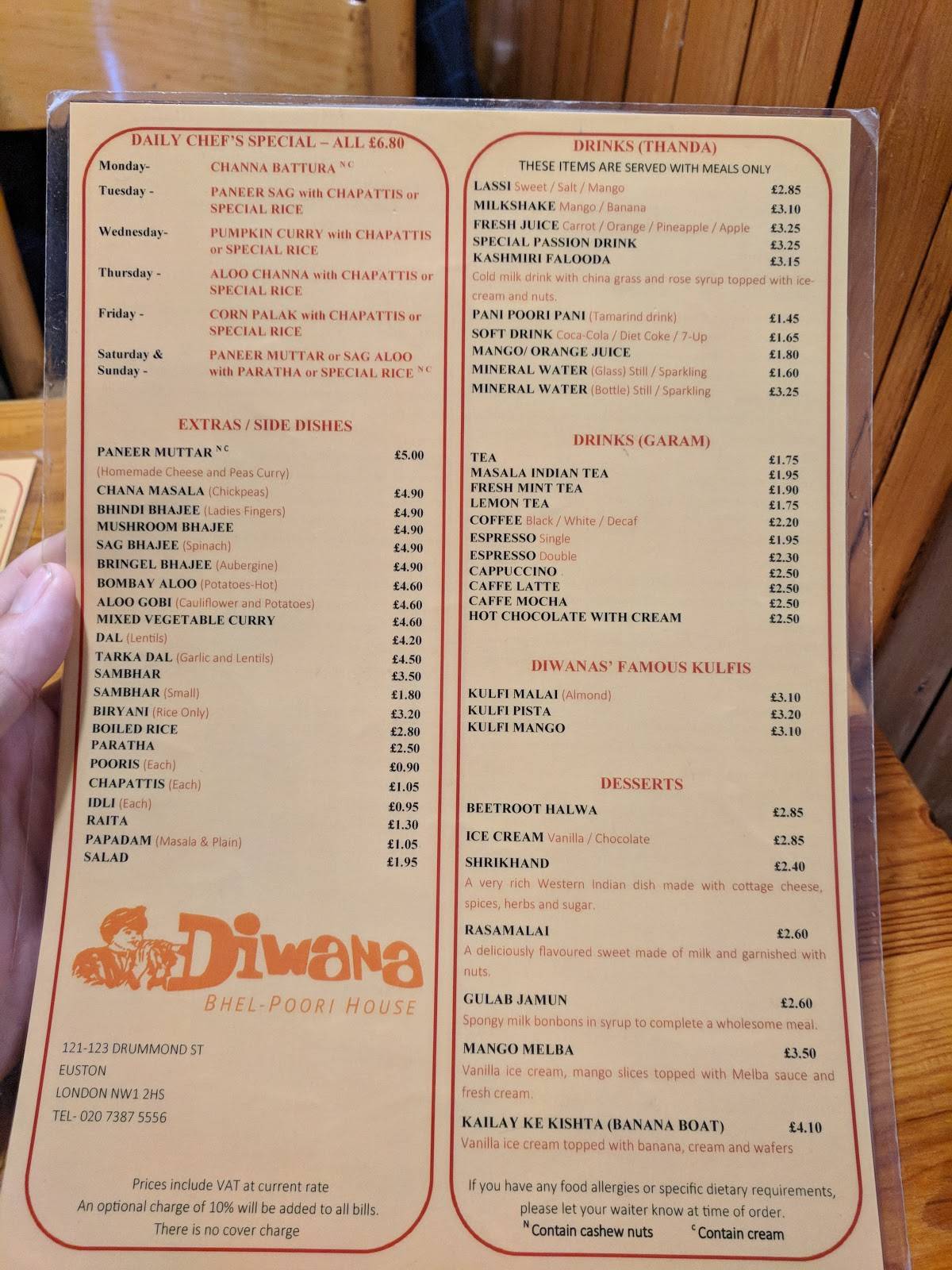 Menu at Diwana Bhel Poori House restaurant, London, 121-