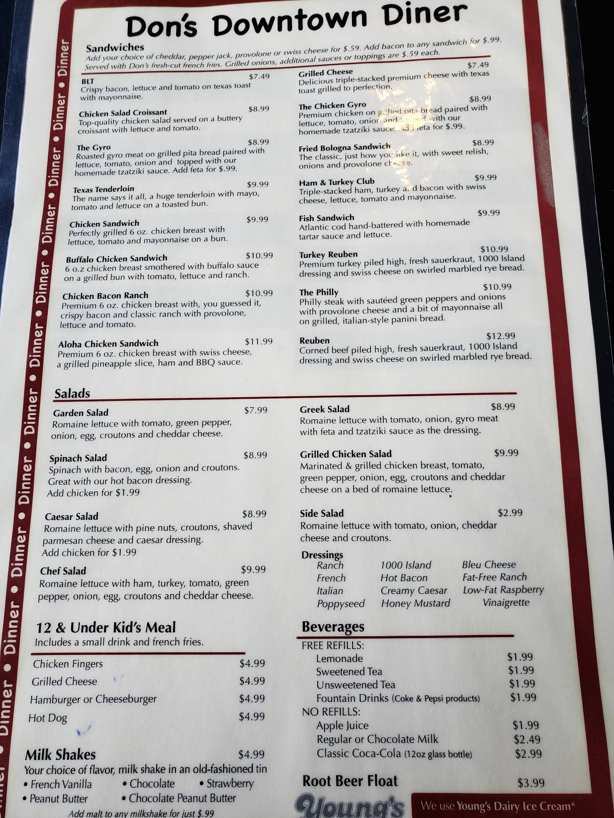 Menu at Don's Downtown Diner restaurant, Bellefontaine