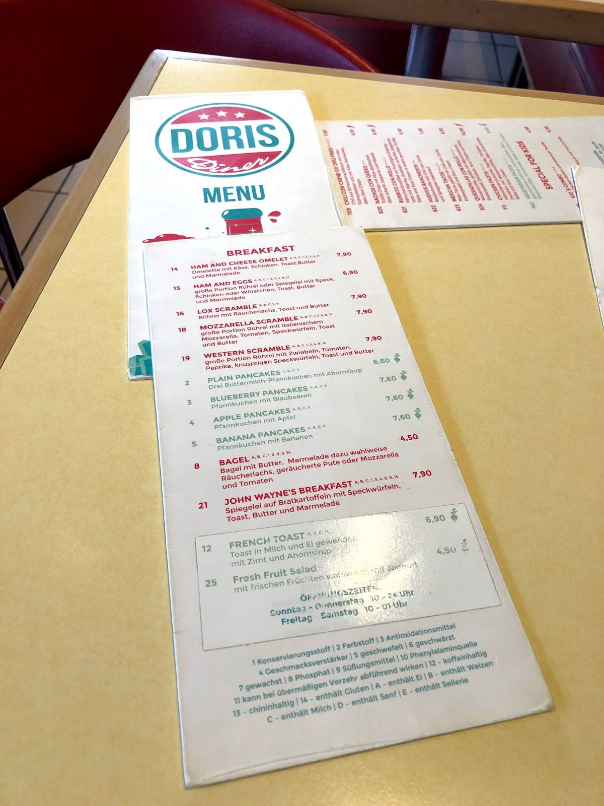 Menu at Doris Diner restaurant, Hamburg