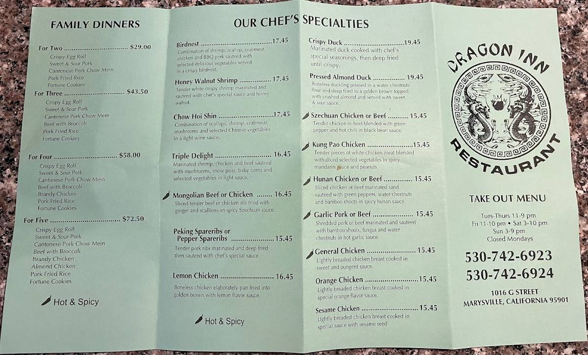 Menu at Dragon Inn restaurant, Marysville