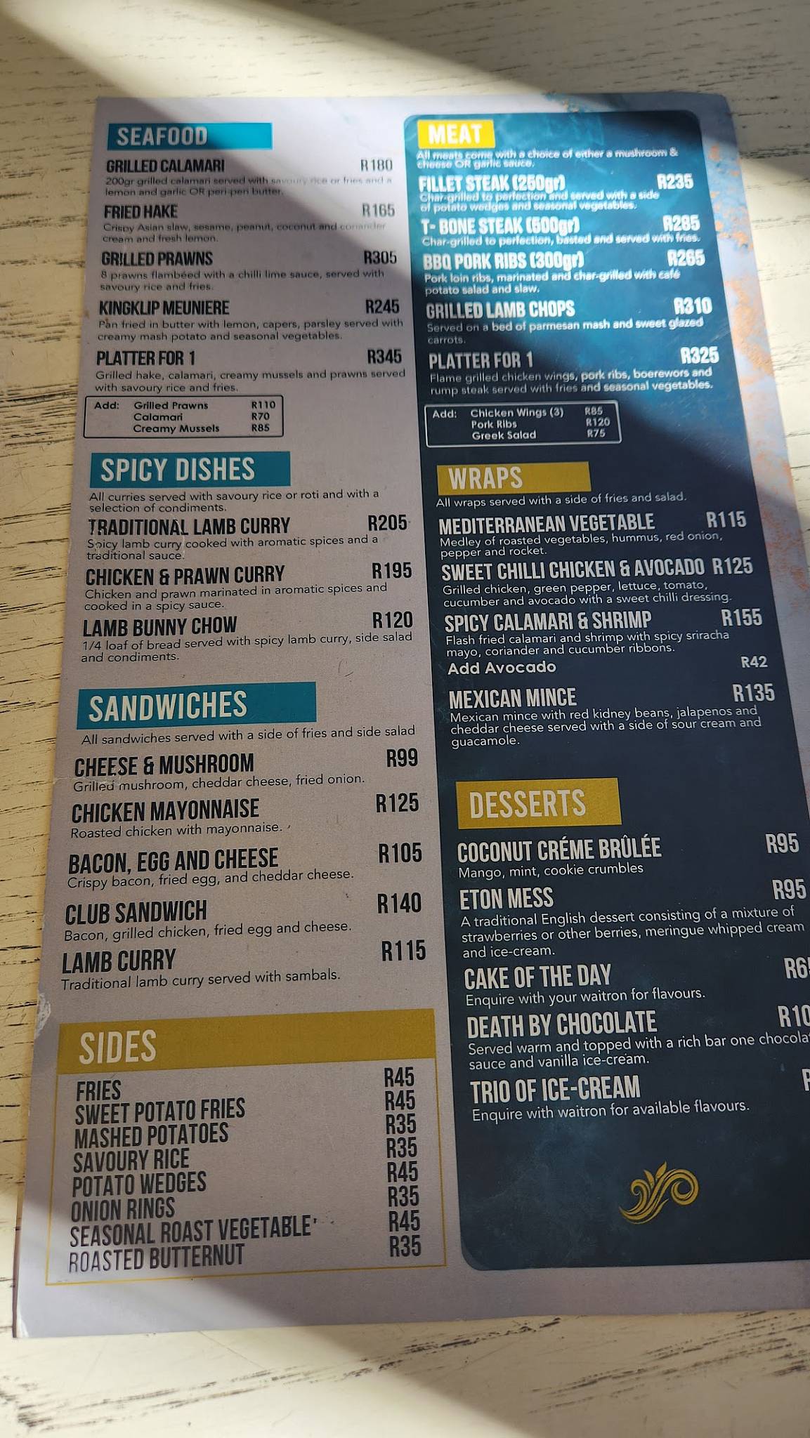Menu at Durban Beach Cafe, Durban, 1 Snell Parade