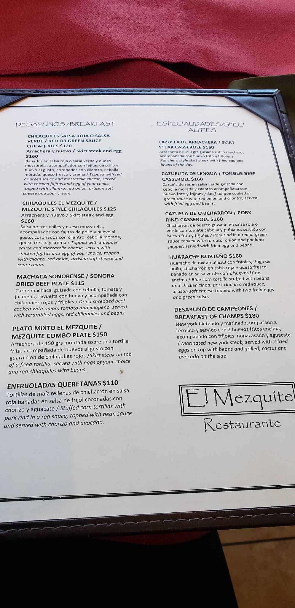 Carta de El Mezquite Restaurante, Tecate
