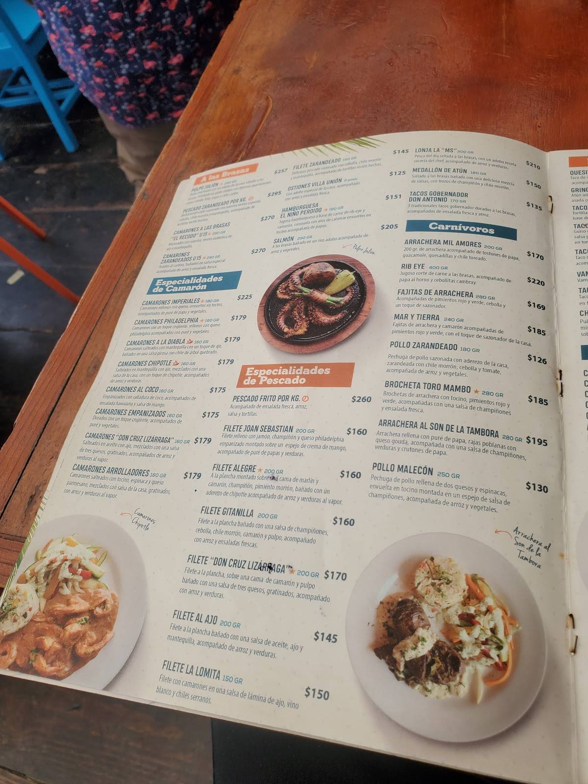 Carta del restaurante El Muchacho Alegre, Mazatlán, P.º Claussen 46-C