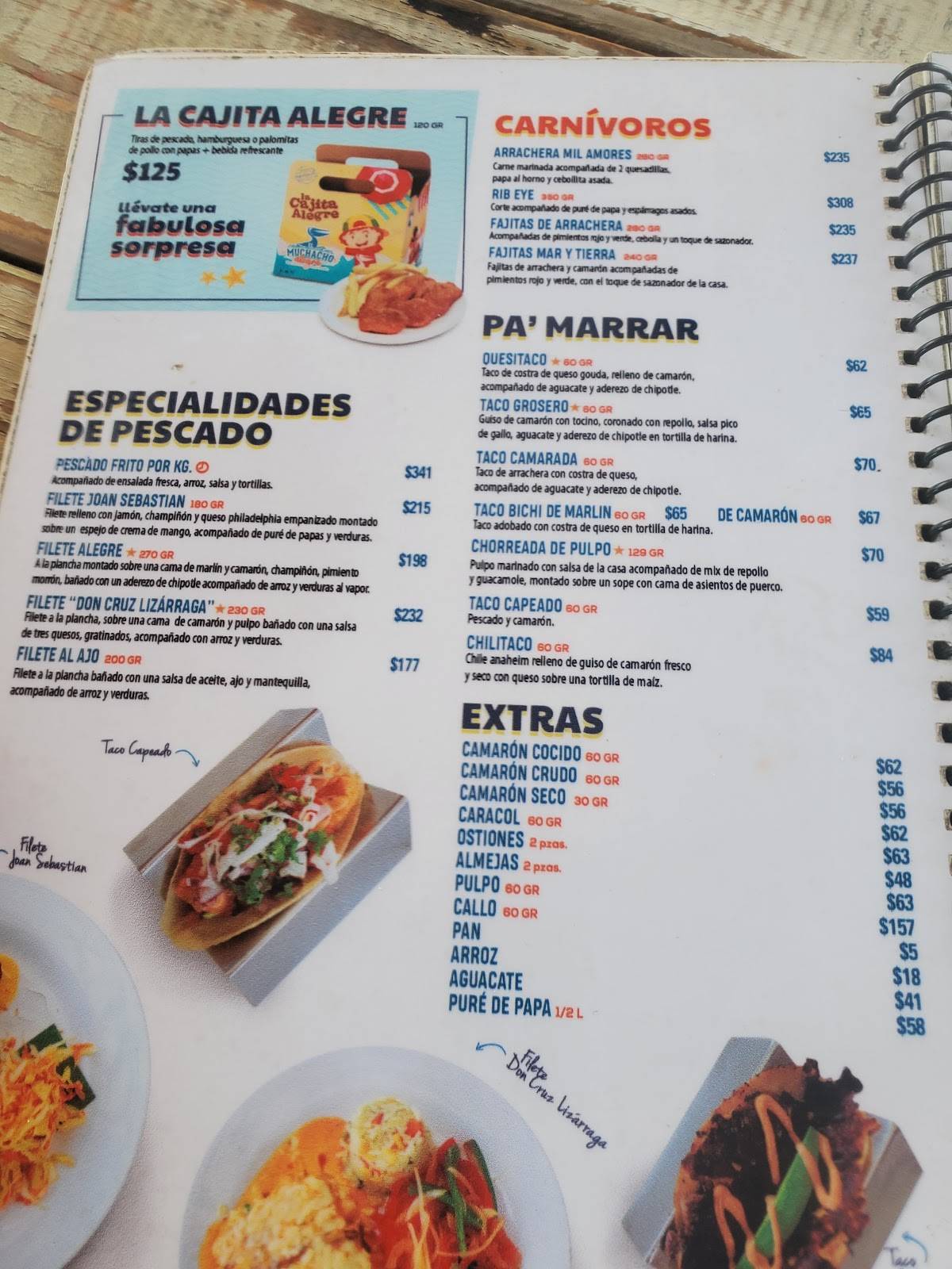 Carta del restaurante El Muchacho Alegre, Mazatlán, P.º Claussen 46-C
