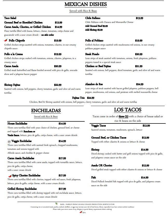 Menu at El Paraiso Mexican-Italian Restaurant, Chino Valley