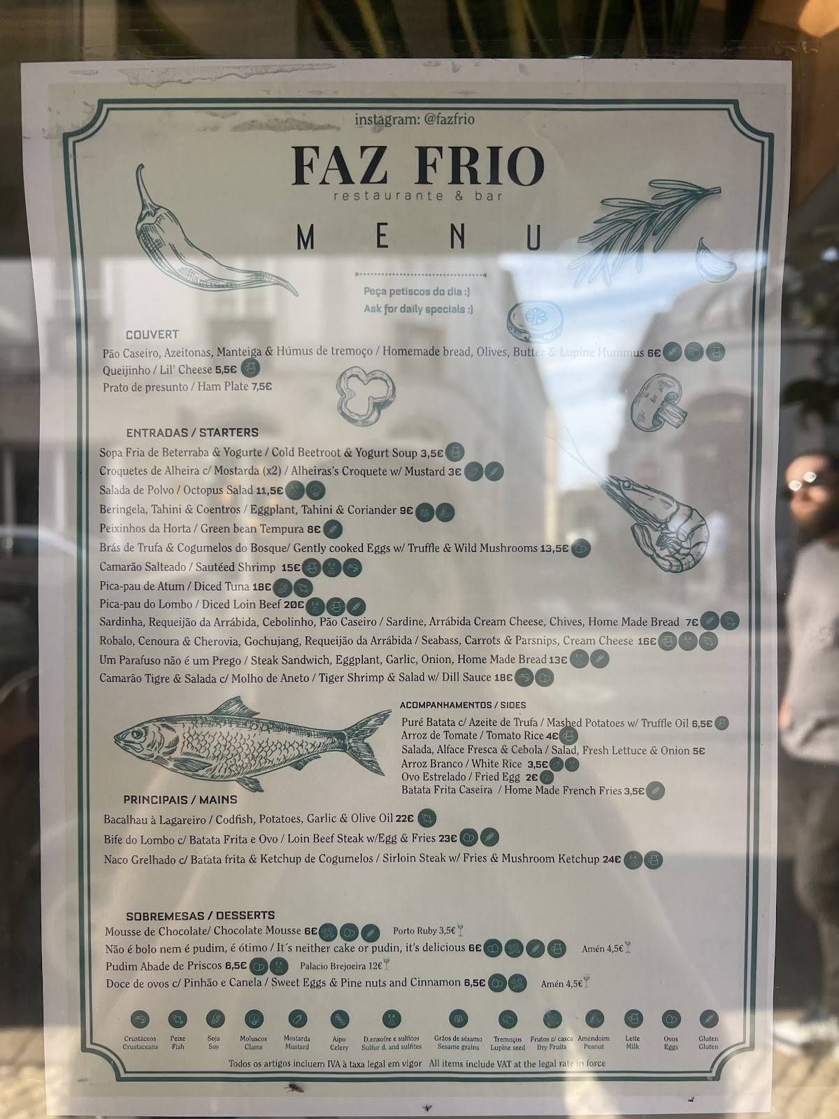 Menu at Faz Frio restaurant, Lisbon