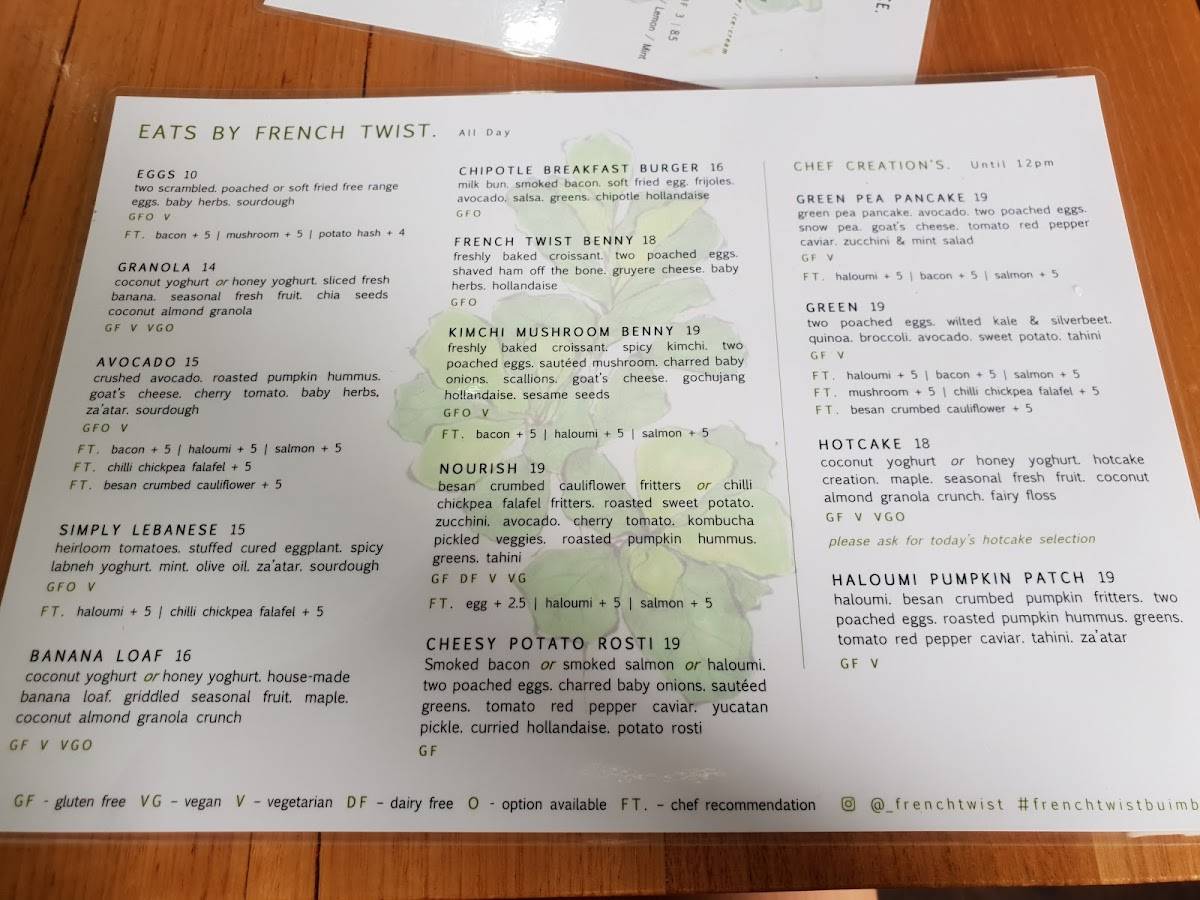 Menu at Fiddle Leaf cafe, Bulimba