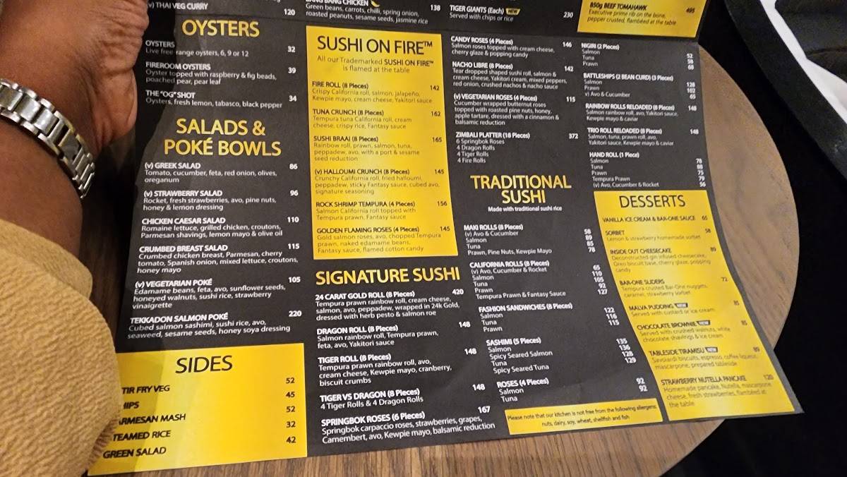 Menu at Fireroom Zimbali restaurant, Dolphin Coast