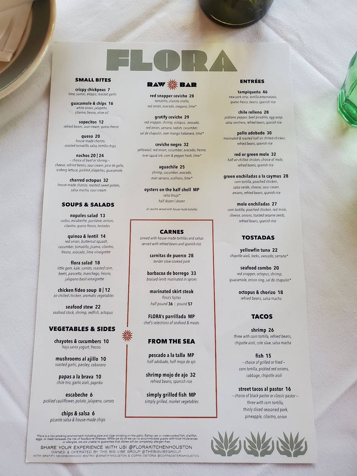 Menu at Flora restaurant, Houston