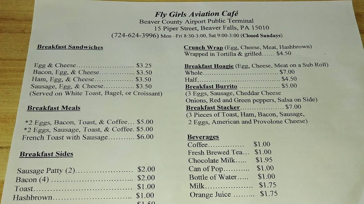 Menu at Fly Girls Aviation Café restaurant, Big Beaver