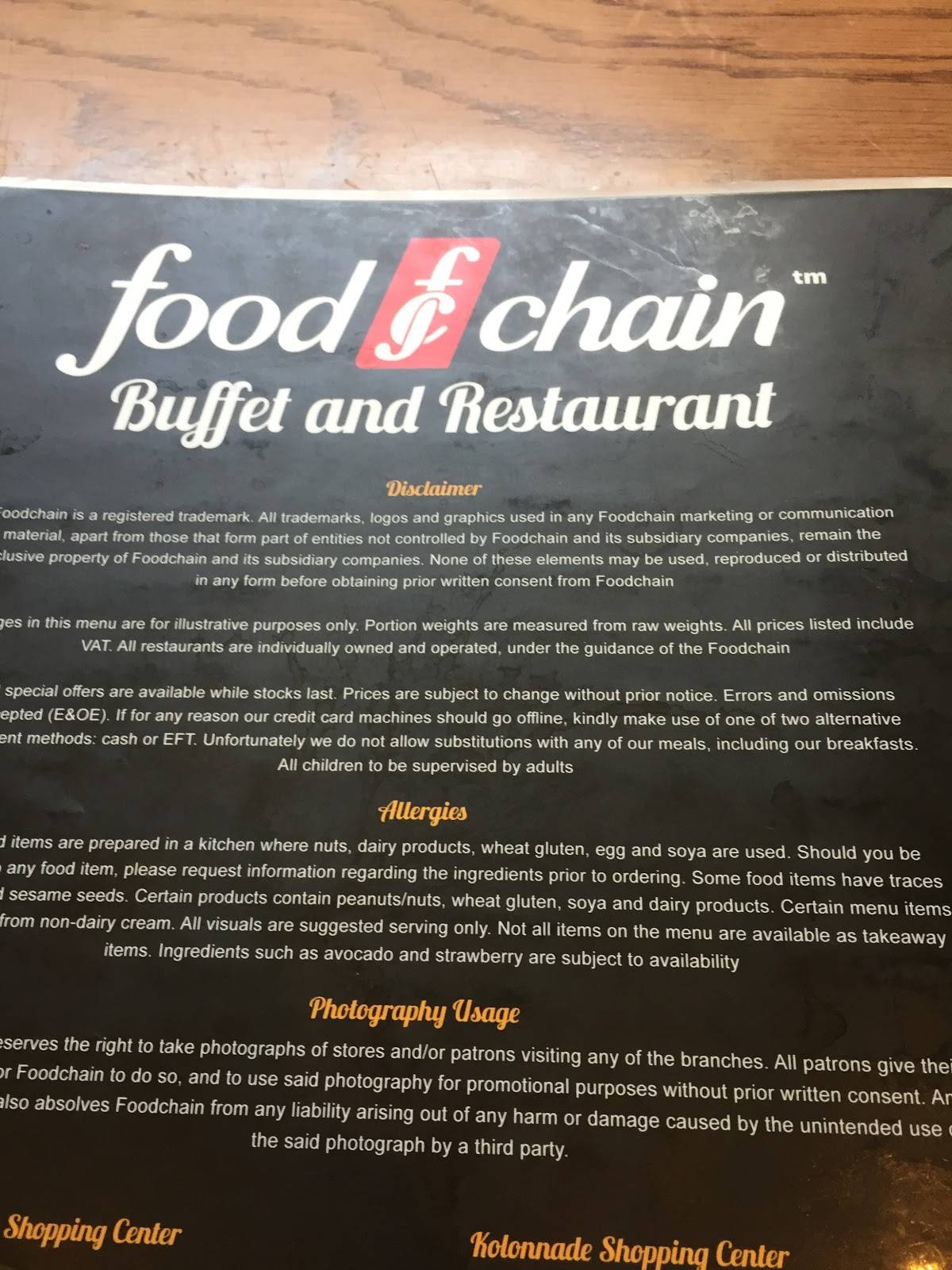 Menu at Foodchain restaurant, Pretoria, Menlyn Park