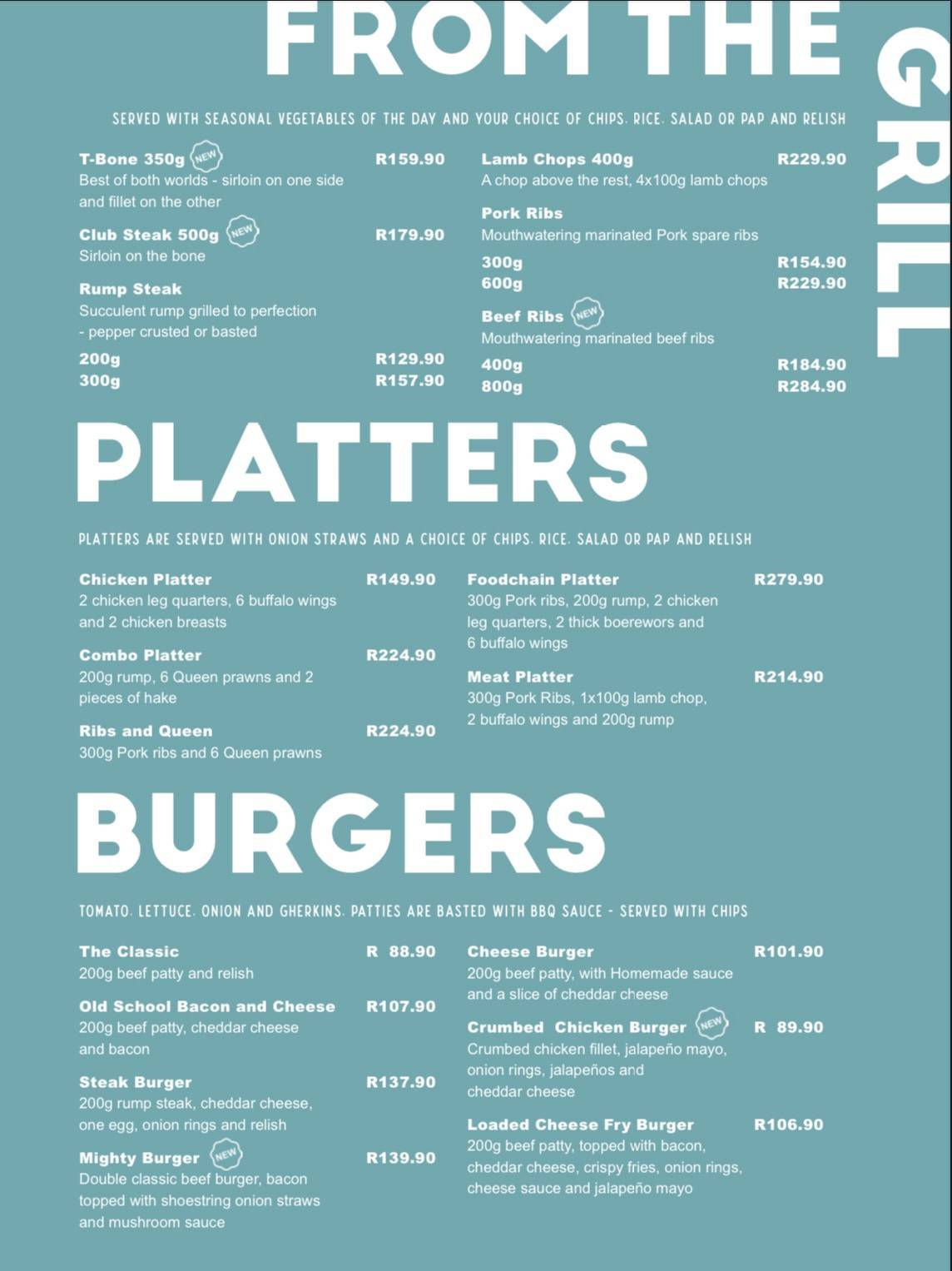 Menu at Foodchain restaurant, Pretoria, Menlyn Park