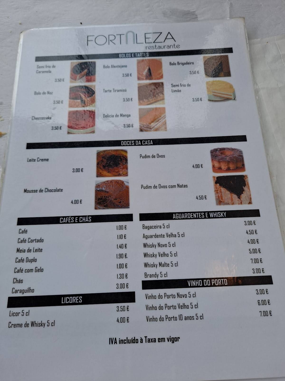 Carta del restaurante Fortaleza del Valença, Valença