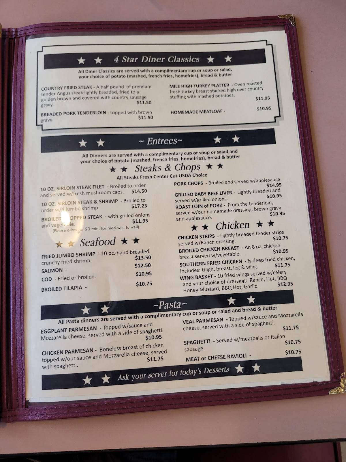 Menu at Four Star Diner restaurant, Cortland