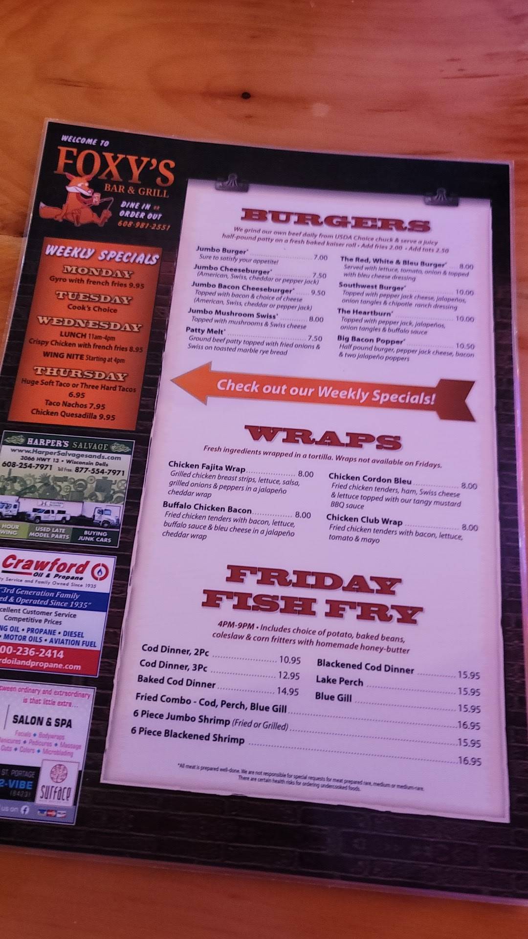 Menu at Foxy's restaurant, Briggsville