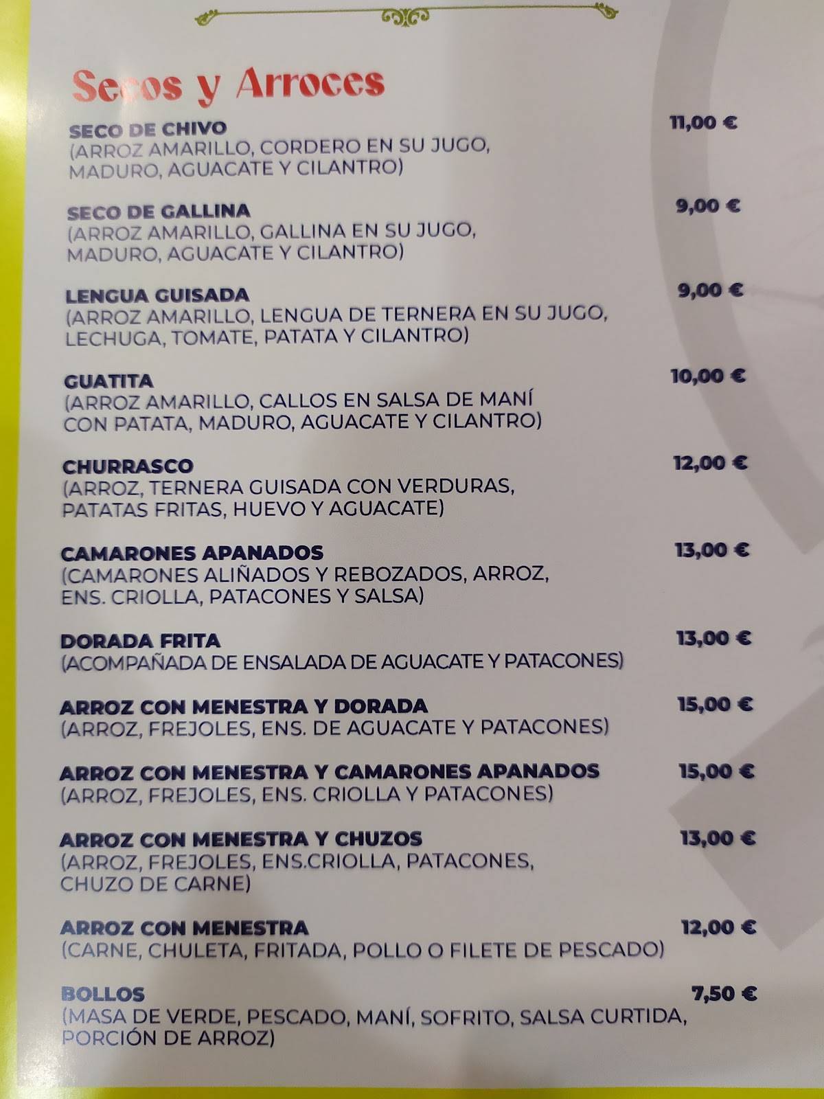 Carta de Restaurant Fragata Guayas Sabadell, Sabadell