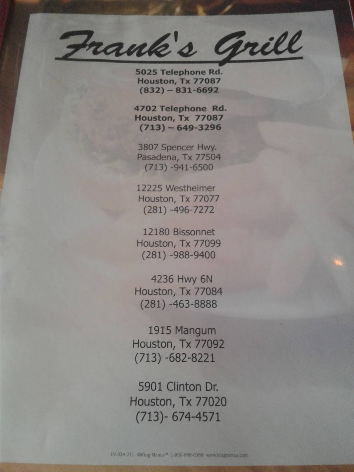 Menu at Frank's Grill restaurant, Houston, Telephone Rd # 100