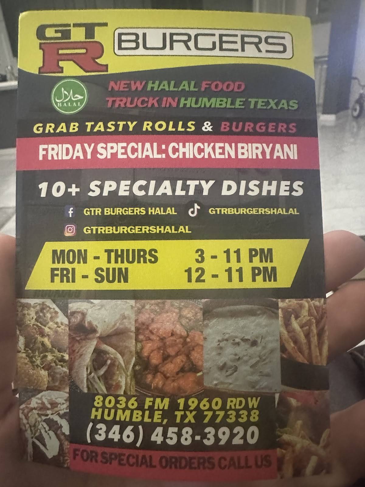 Menu at GTR Burgers Halal restaurant, Humble