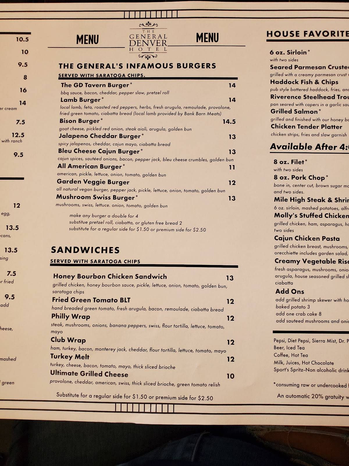 Menu at General Denver Hotel restaurant, Wilmington